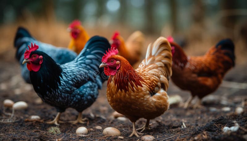Free Range Chickens Pecking in Green Meadow Generative AI Stock ...