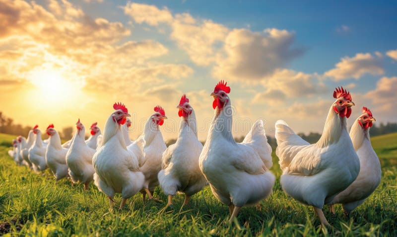 Free-range Chickens Walking in a Sunny Field during Golden Hour Stock ...
