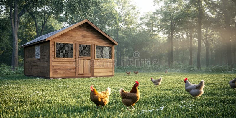Free-range Chickens Wander Around a Stylish Chicken Coop in a Serene ...