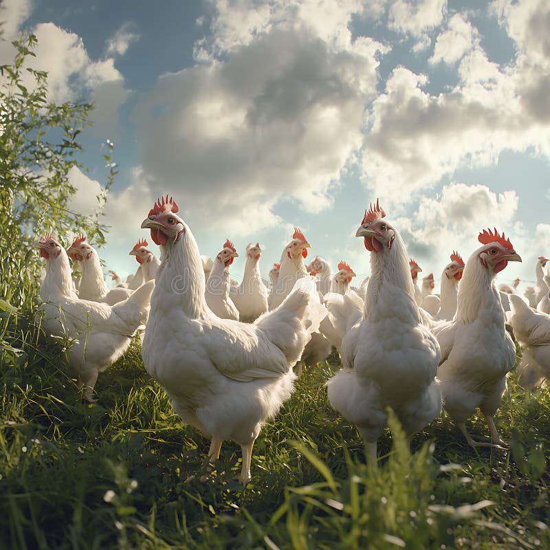 Free-Range Chickens with White Feathers Pecking for Grain Stock Image ...