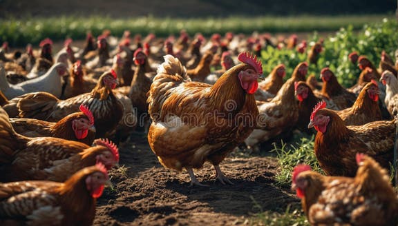 Red Chickens Freely Graze in the Pasture, Row in Soil, Eat Green Grass ...