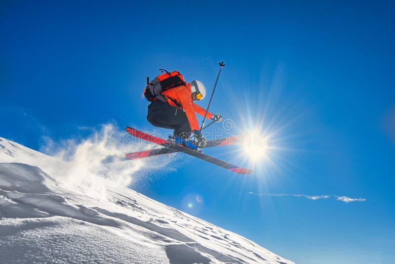 Free-rider Skier during a Jump Stock Photo - Image of vacation, week ...