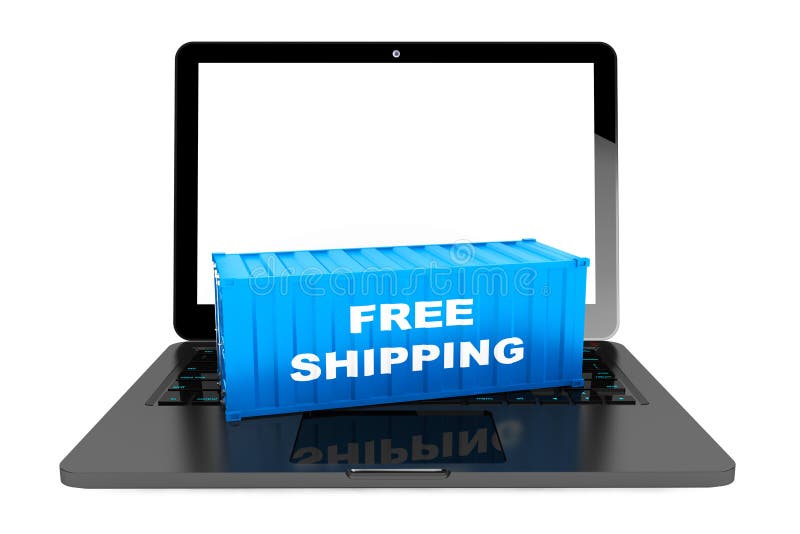 Free Shipping Concept. Blue Cargo Shipping Container with Red Ribbon ...