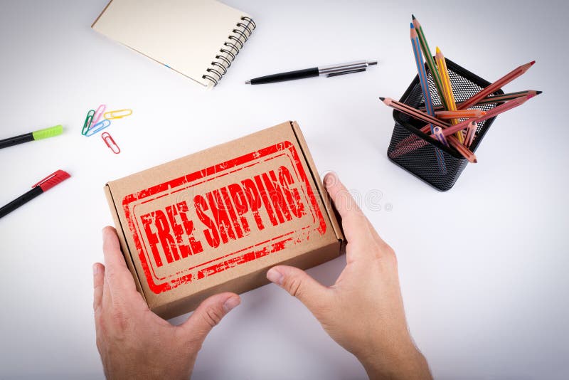 Free Shipping Stamp. Courier Delivered Box To the Office Stock Photo ...