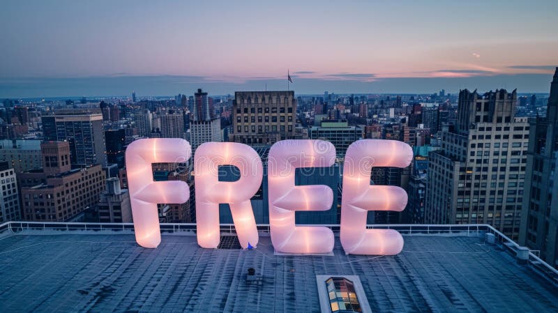 Free Sign Glowing on Urban Rooftop at Twilight Stock Photo - Image of ...