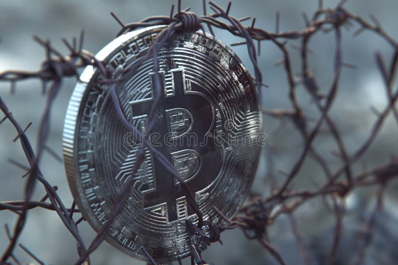 Free Speech Concept, Bitcoin Coin in Barbed Wire, AI Generated Stock ...