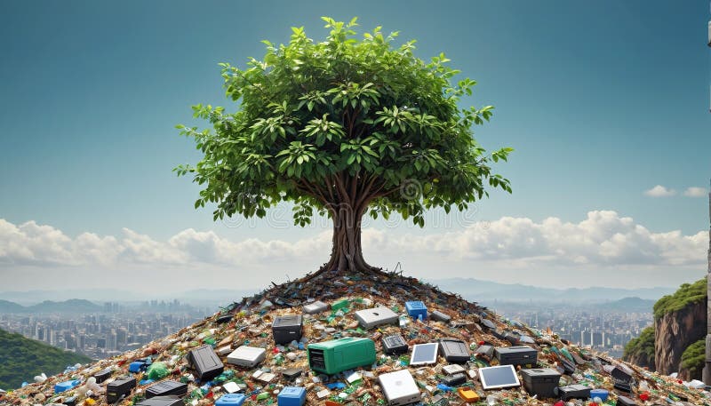 A Free-standing Green Tree Grows Out of a Pile of Waste, Garbage and ...