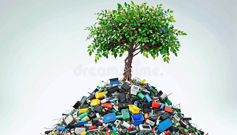 A Free-standing Green Tree Grows Out of a Pile of Waste, Garbage and ...