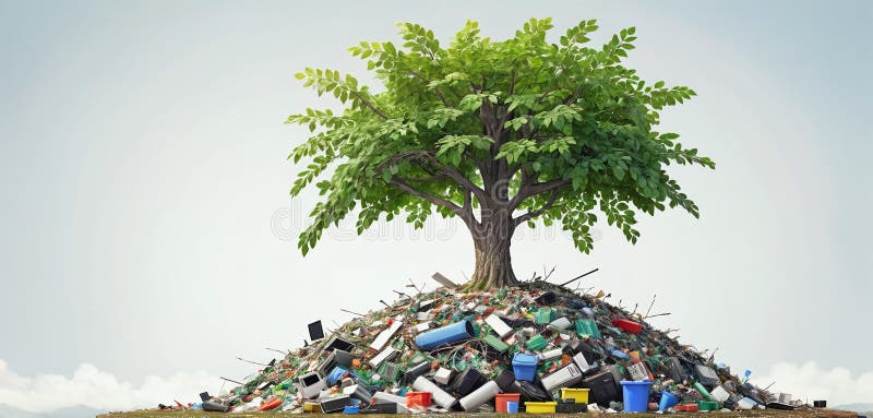 A Free-standing Green Tree Grows Out of a Pile of Waste, Garbage and ...