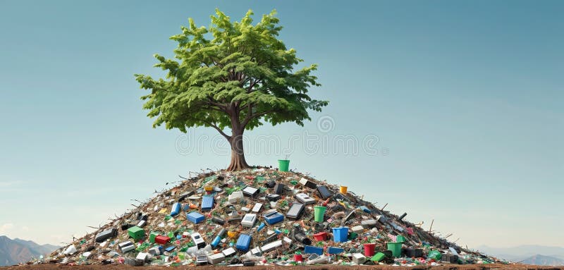 A Free-standing Green Tree Grows Out of a Pile of Waste, Garbage and ...