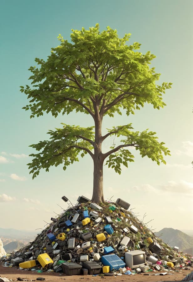 A Free-standing Green Tree Grows Out of a Pile of Waste, Garbage and ...