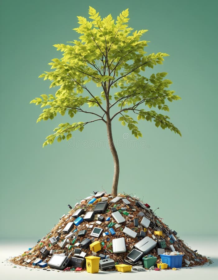 A Free-standing Green Tree Grows Out of a Pile of Waste, Garbage and ...