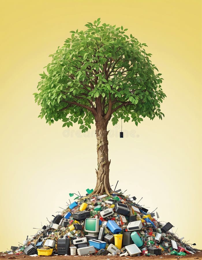 A Free-standing Green Tree Grows Out of a Pile of Waste, Garbage and ...