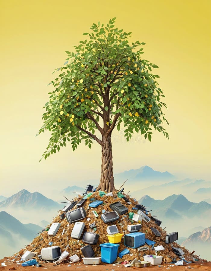 A Free-standing Green Tree Grows Out of a Pile of Waste, Garbage and ...