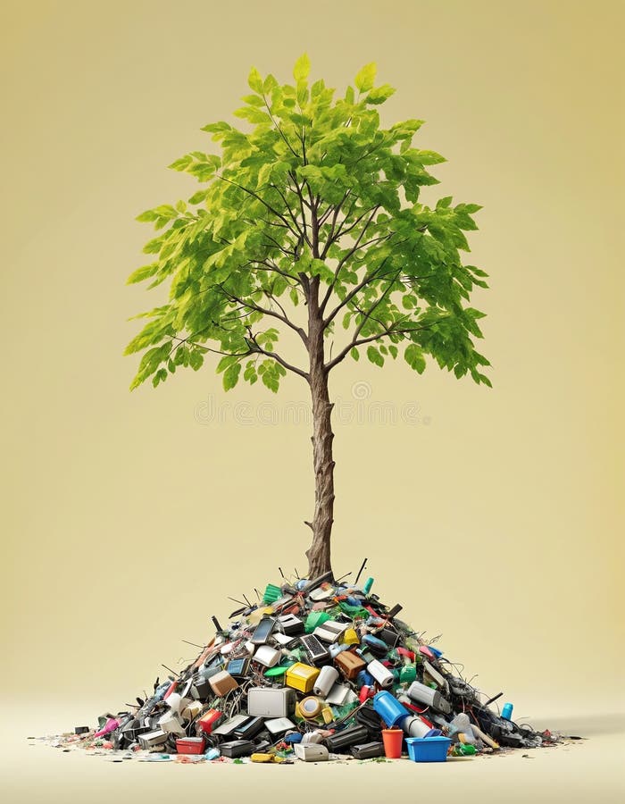 A Free-standing Green Tree Grows Out of a Pile of Waste, Garbage and ...