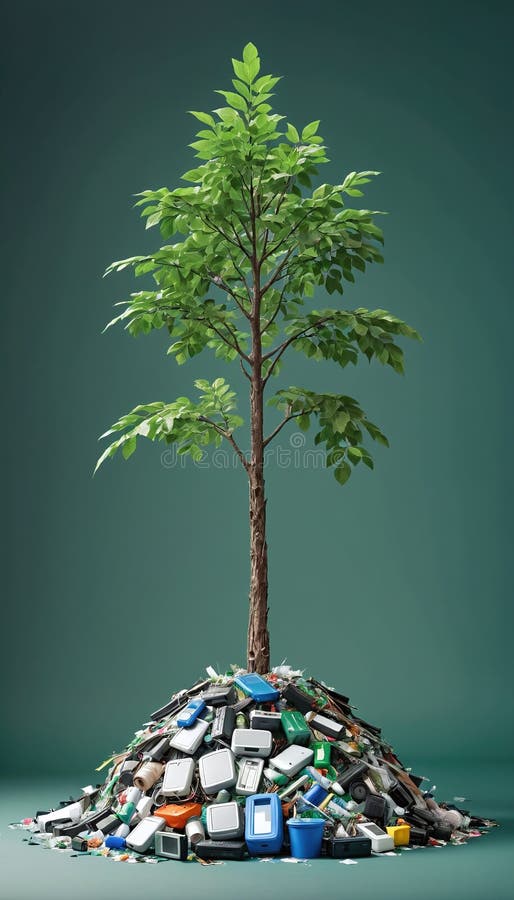 A Free-standing Green Tree Grows Out of a Pile of Waste, Garbage and ...
