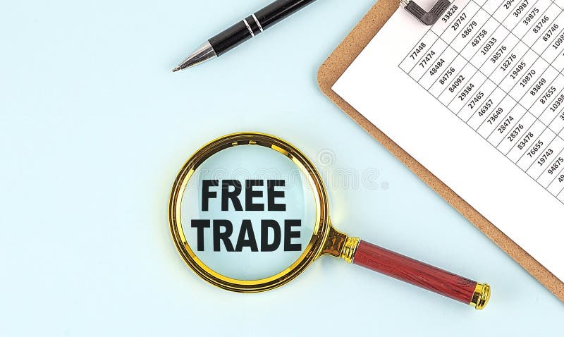 FREE TRADE Text on Magnifier with Clipboard on Blue Background Stock ...