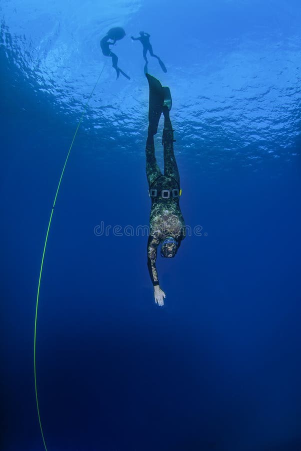 Freediver Practising in the Open Blue Water Stock Image - Image of ...