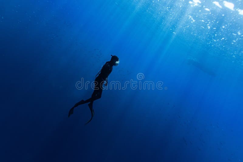 Freediver Swimming in Deep Sea with Sunrays Stock Image - Image of ...