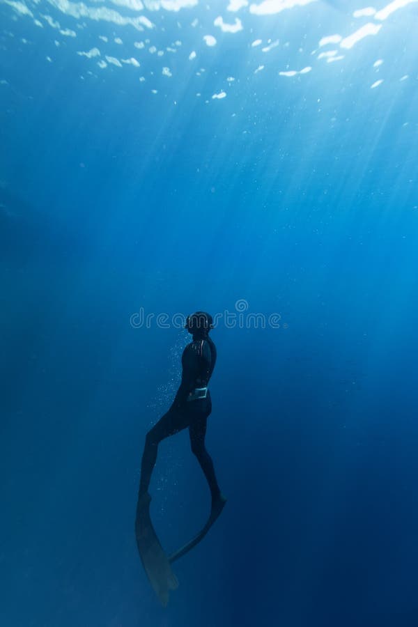 Freediver Swimming in Deep Sea with Sunrays Stock Image - Image of ...