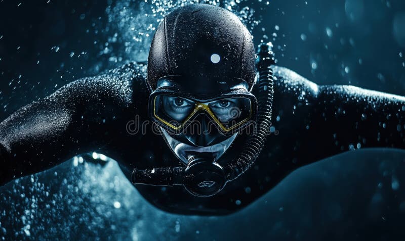 Freediver in Underwater Environment Showcasing Advanced Diving Gear and ...