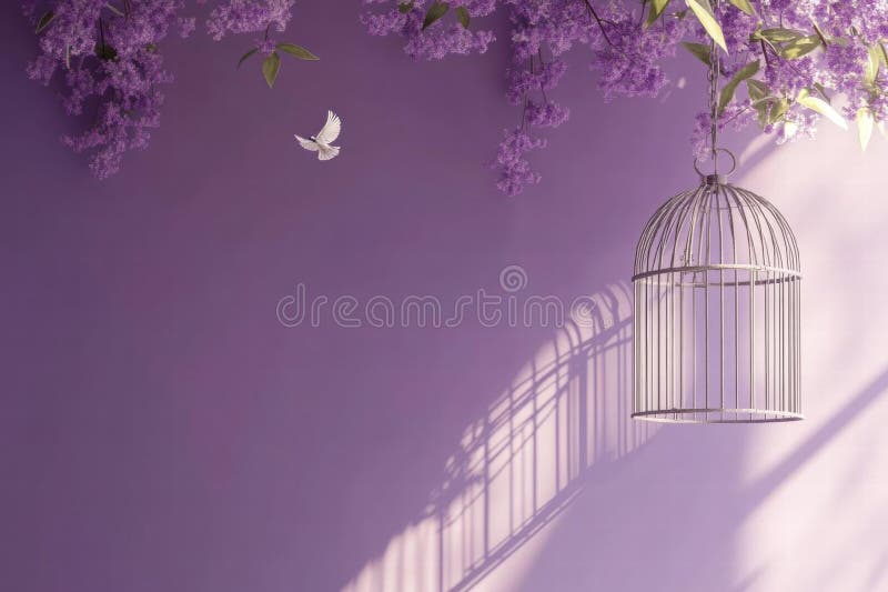 Freedom and Captivity, a Bird, a Cage, and a Purple Sky Stock Image ...