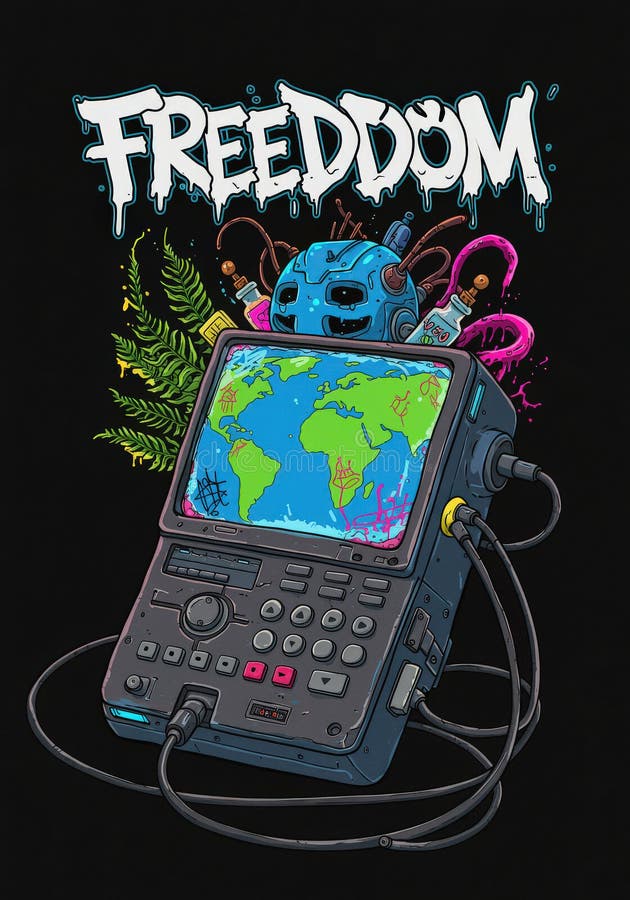 Freedom Concept with Earth Map on Screen and Robot Head Illustration ...
