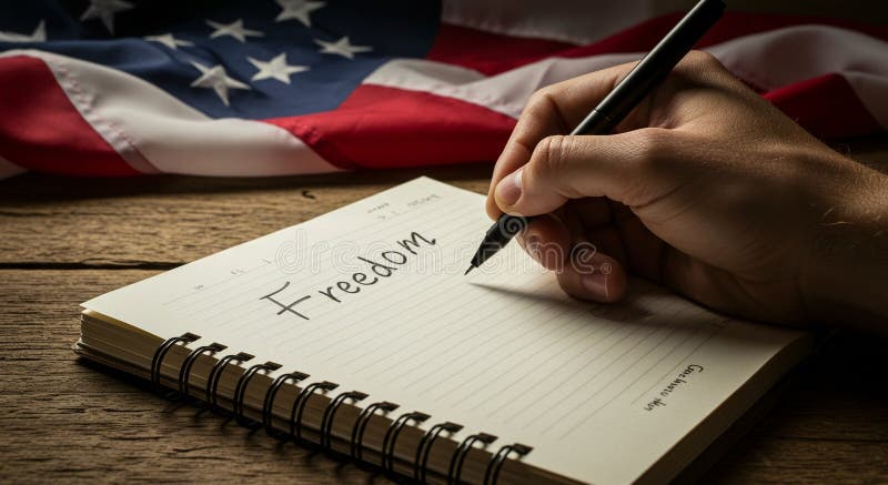 Freedom Concept: Hand Writing Word "Freedom" in Notebook with American ...