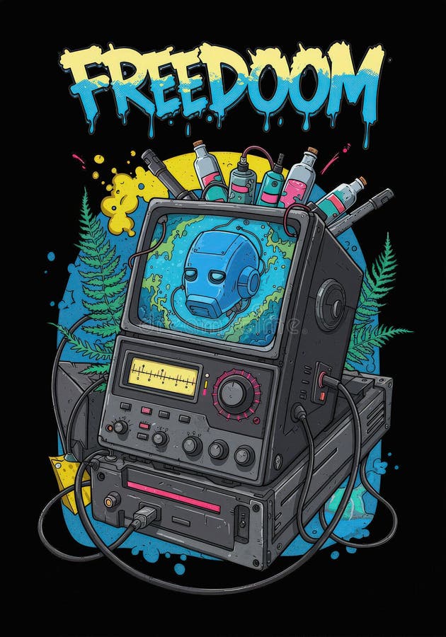 Freedom Concept with Retro Technology and a Robot Head on the Screen ...