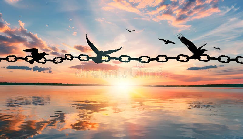 Freedom Concept. Silhouettes of Broken Chain and Birds Flying Over ...