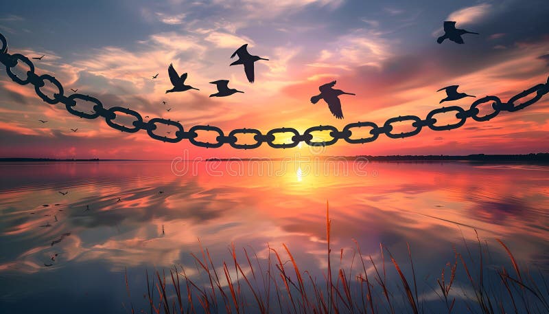 Freedom Concept. Silhouettes of Broken Chain and Birds Flying Over ...