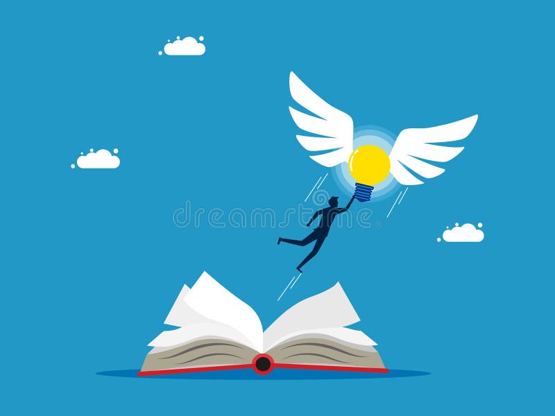 Freedom To Learn and Imagine. Man Flying with a Light Bulb Flying Out ...