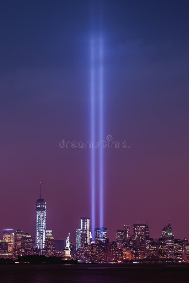 Freedom Tower and Statue of Liberty Tribute in Light Stock Image ...