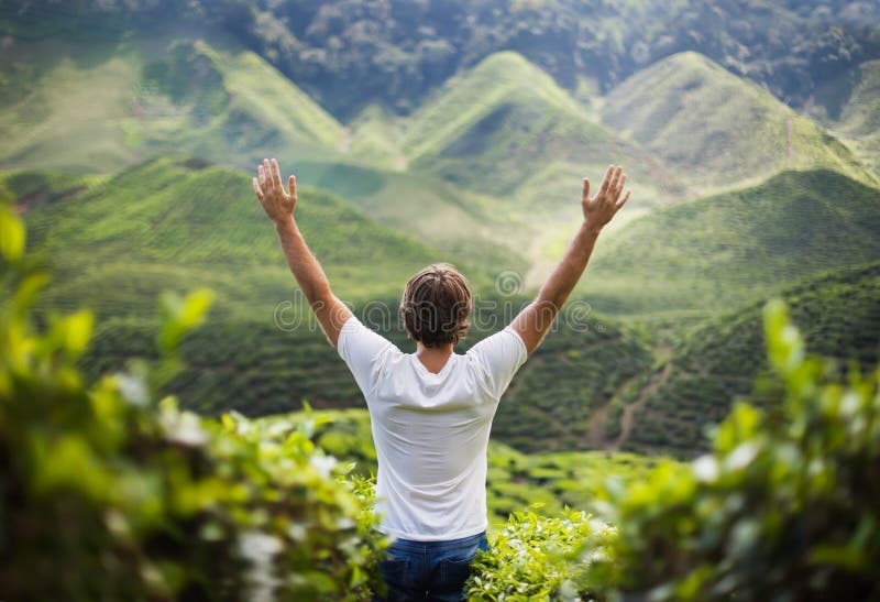 Freedom Young Man with Hands Up Stock Image - Image of hiking, hike ...