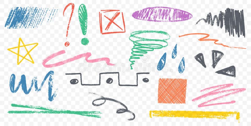 Freehand Colorful Crayon Strokes, Charcoal Pencil Curly Lines and ... Freehand Colorful Crayon Strokes, Charcoal Pencil Curly Lines and ...