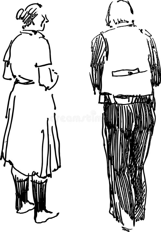 Freehand Drawing of Couple Old People Standidng and Talking Stock ...