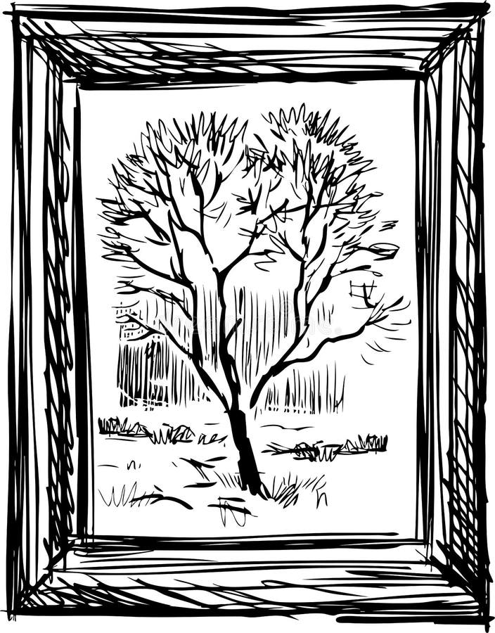 Freehand Drawing of Landscape with Tree Silhouette in Picture Frame ...