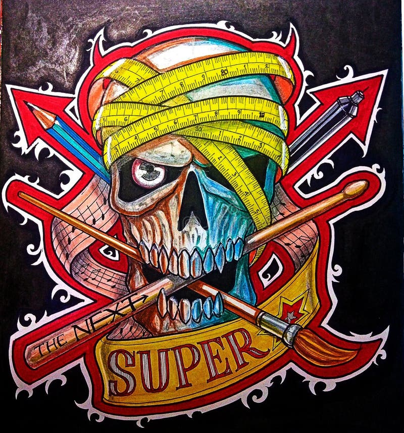 Freehand Drawing Skull and Drawing Tools on Paper Stock Illustration ...