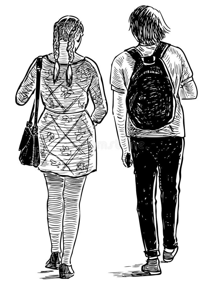 Freehand Drawing of Students Friends Walking Down Street Stock Vector ...