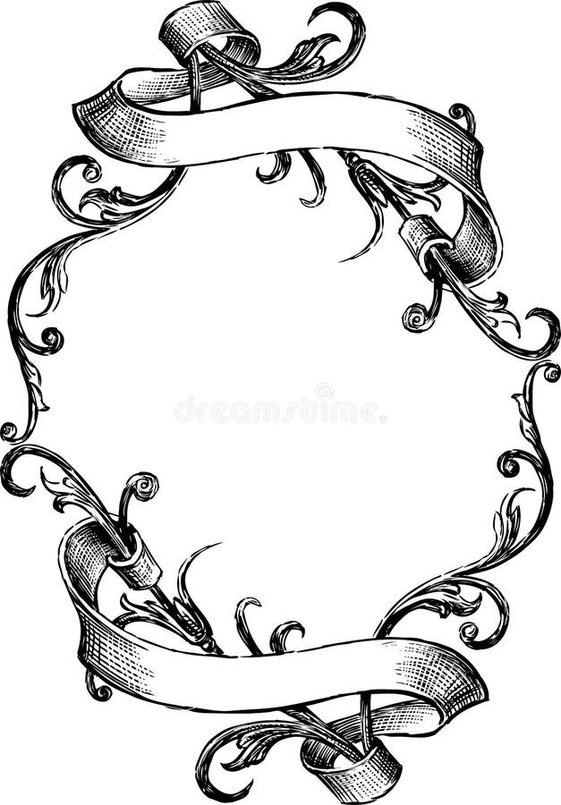 Freehand Drawing of Vintage Frame from Decorative Twigs and Ribbons ...