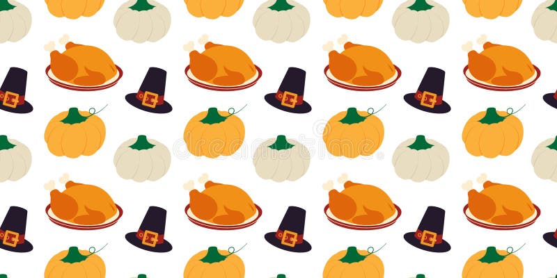 Freehand Multicolored Pumpkins Pilgrim Hat and Fried Turkey on Plate Seamless Pattern ...
