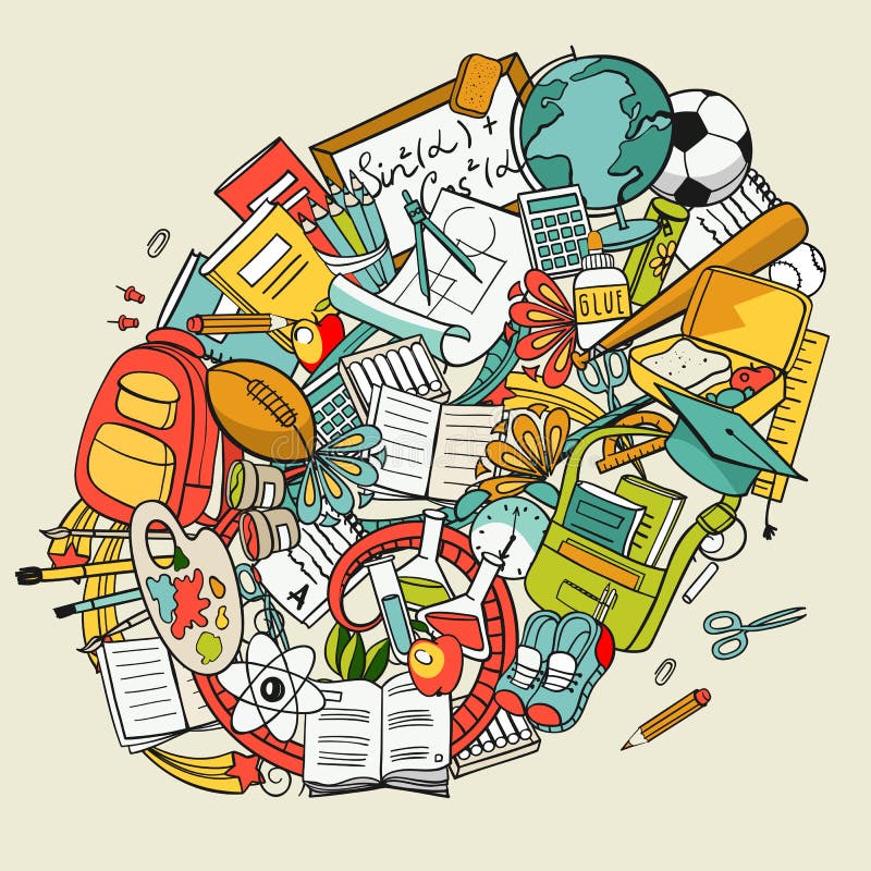 Freehand School Items in a Pile Stock Vector - Illustration of doodle ...
