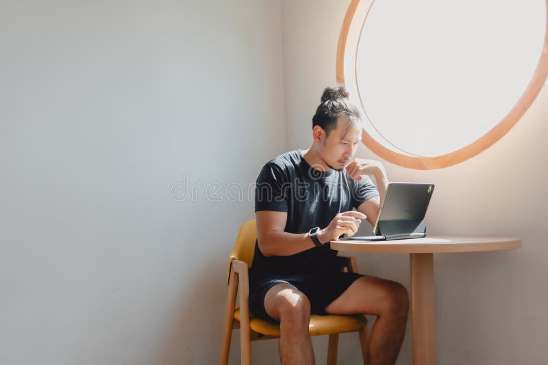 Freelance Man Work Online Computer Tablet Corner Cafe Stock Photos ...