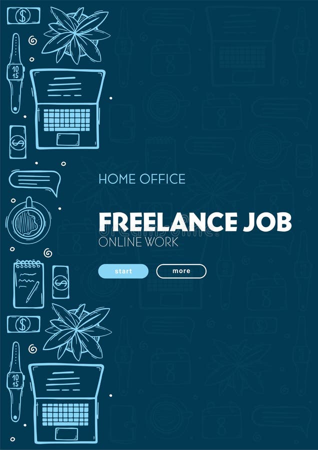 Freelance Banner with Hand Draw Doodle Background. Popular Symbols and ...
