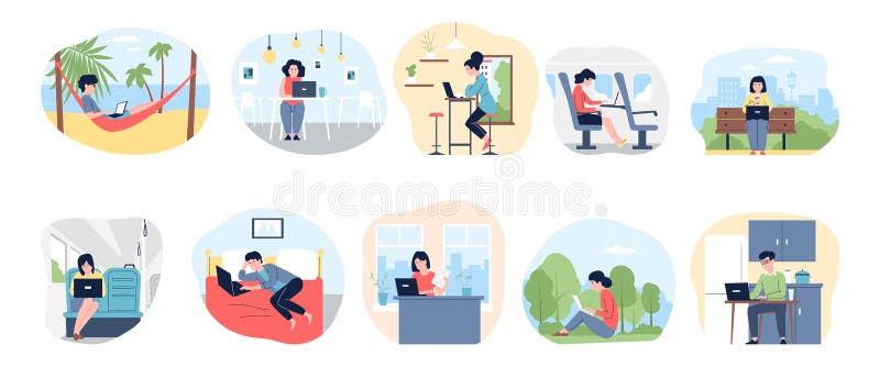 Freelance Characters Working in Different Places with Notebook. Work in ...