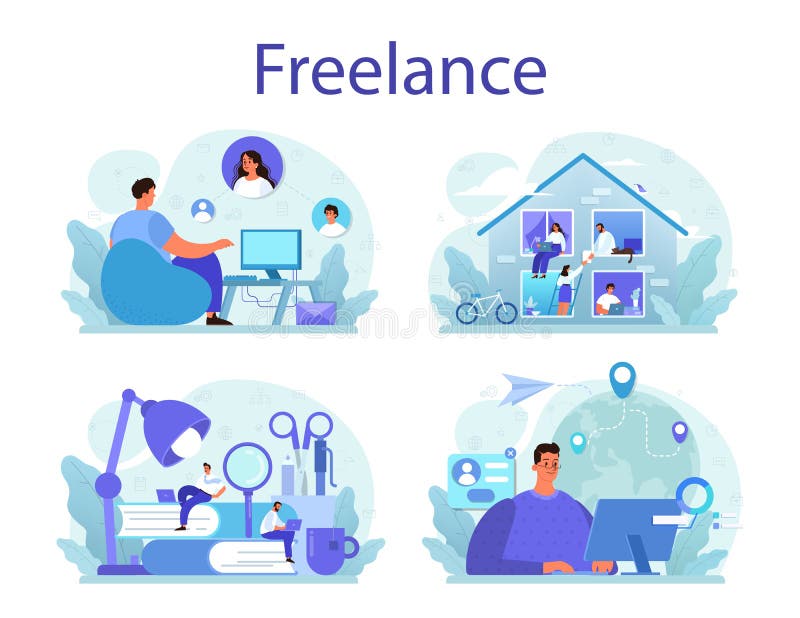 Freelance Concept Set. People Working Remotely through the Internet ...
