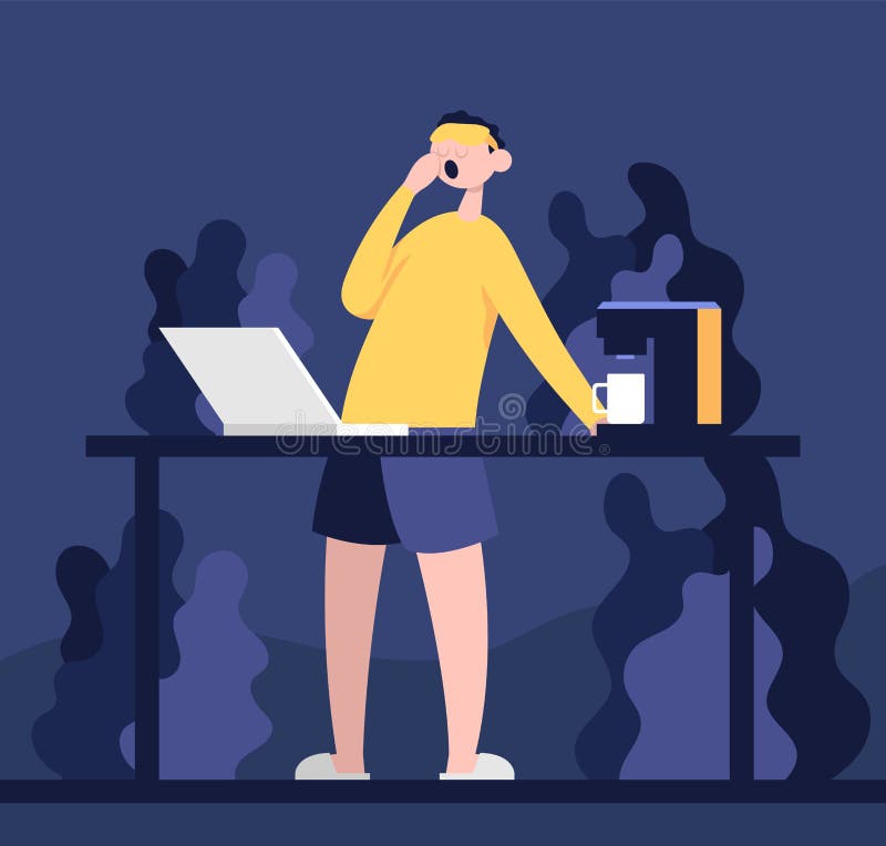 Freelance Developer Looking at the Laptop and Drink Coffee in the Night ...