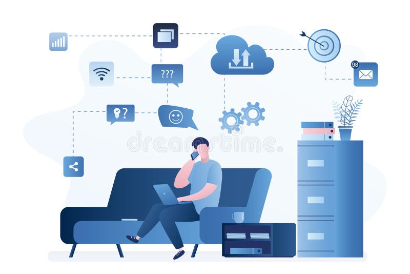 Freelance or Distance Work. Businessman Chatting and Working Online ...