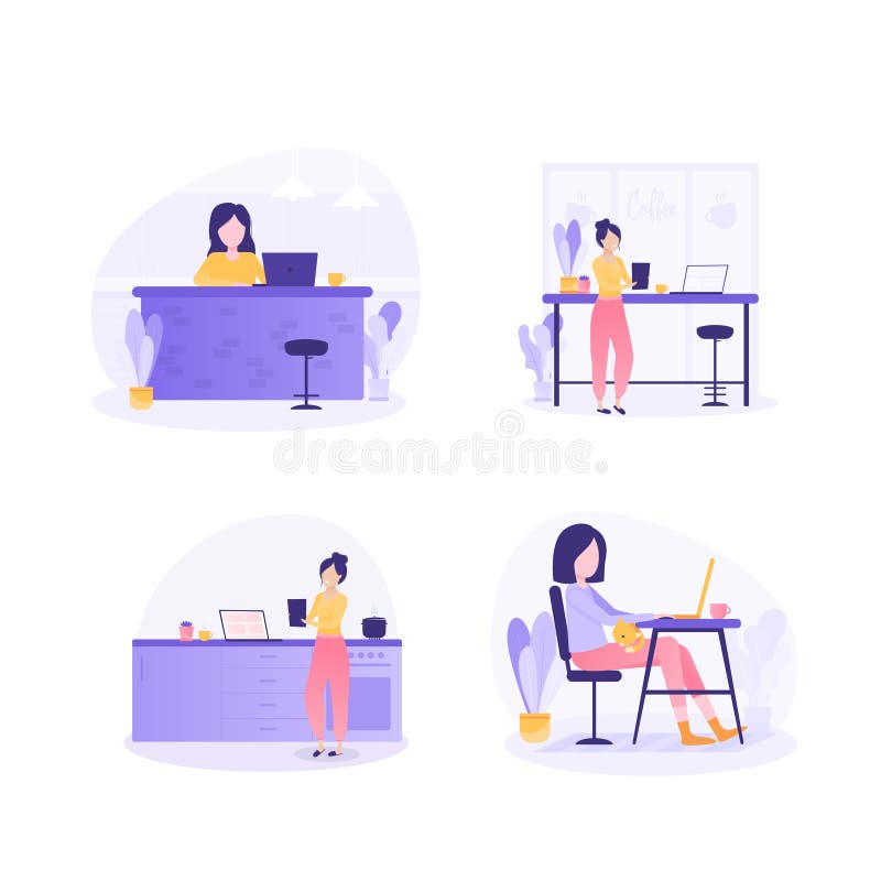 Freelance People Work in Comfortable Conditions Set Vector Flat ...