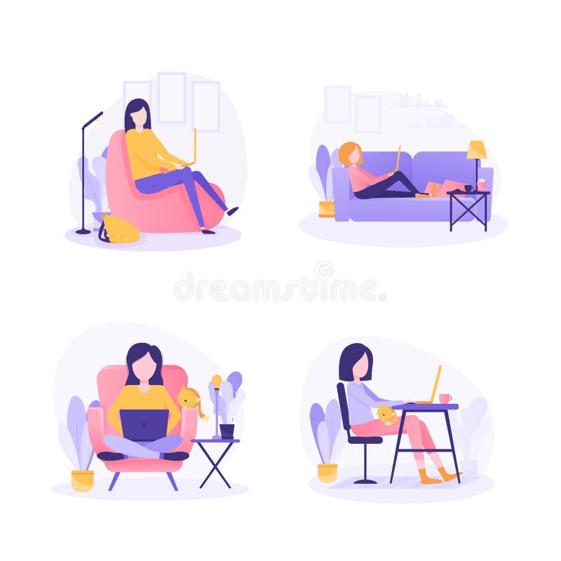 Freelance People Work in Comfortable Conditions Set Vector Flat ...